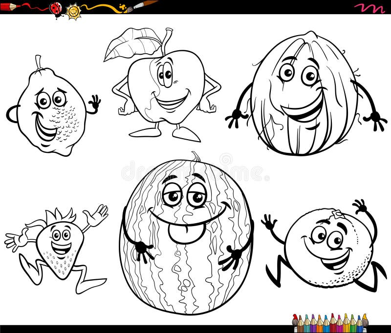 Funny Cartoon Fruit Food Objects Characters Set Coloring Page Stock ...
