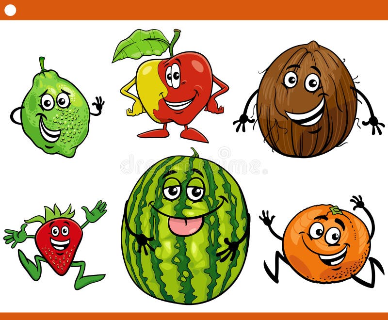Funny Cartoon Fruit Food Objects Characters Set Stock Illustration ...
