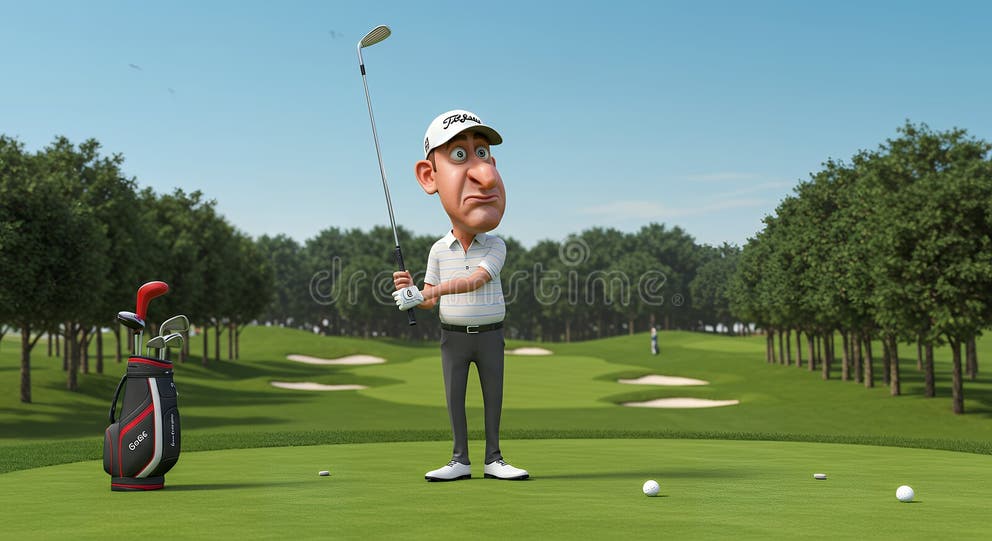 Funny Cartoon Golfer in a Comical Pose on the Golf Course Stock ...
