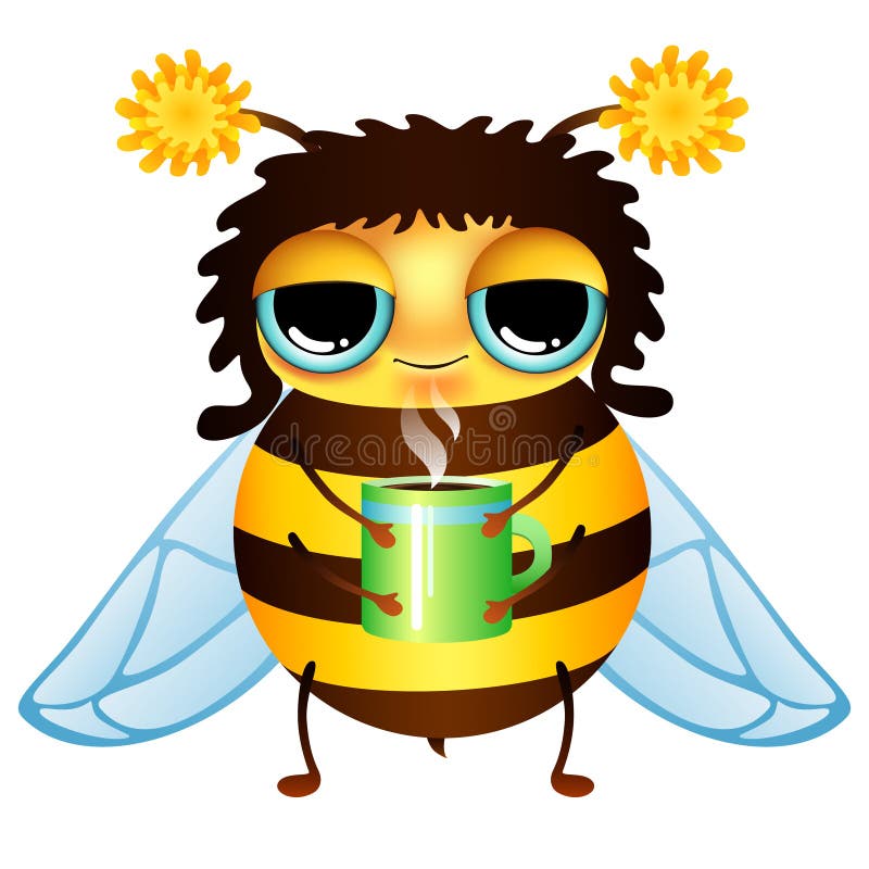 Funny Cartoon Honey Bee with Coffee Cup Stock Vector - Illustration of ...