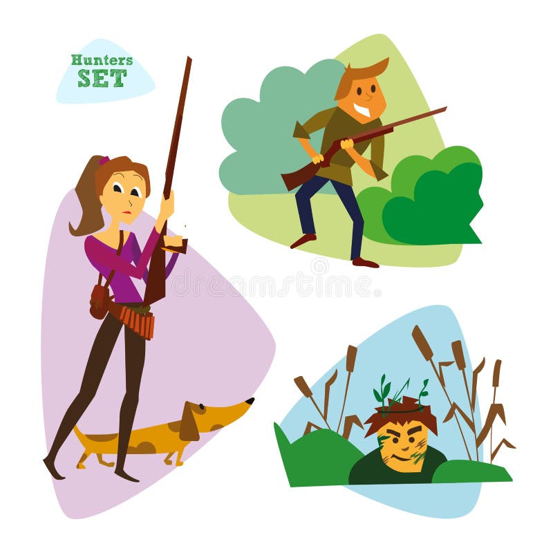 Funny Cartoon Hunters Set. Huntering Stock Vector - Illustration of ...