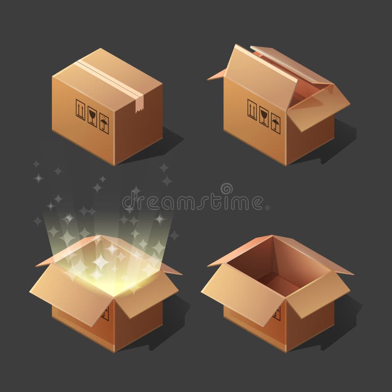 Funny Cartoon Isometric Cardboard Boxes Opened and Closed Set. Stock ...