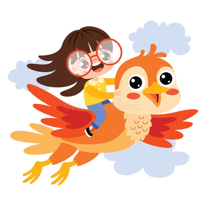Funny Cartoon Kid Riding Bird Stock Illustration - Illustration of ...