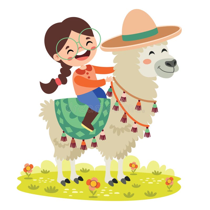 Funny Cartoon Kid Riding Llama Stock Illustration - Illustration of ...