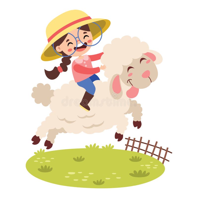 Funny Cartoon Kid Riding Sheep Stock Illustration - Illustration of ...