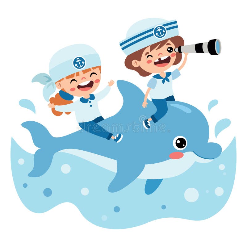 Funny Cartoon Kids Riding Dolphin Stock Illustration - Illustration of ...