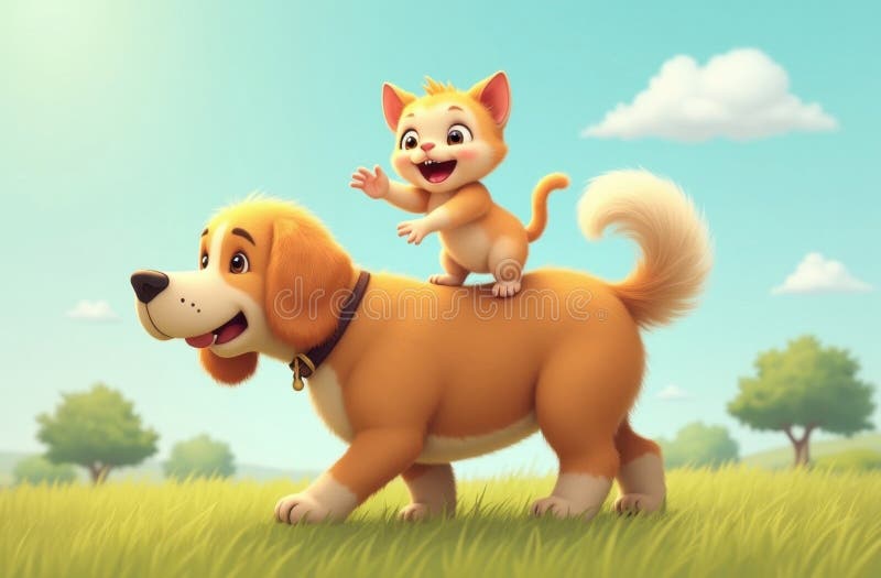 A Funny Cartoon of Kitten Riding a Dog at 2-1-2024 Stock Illustration ...