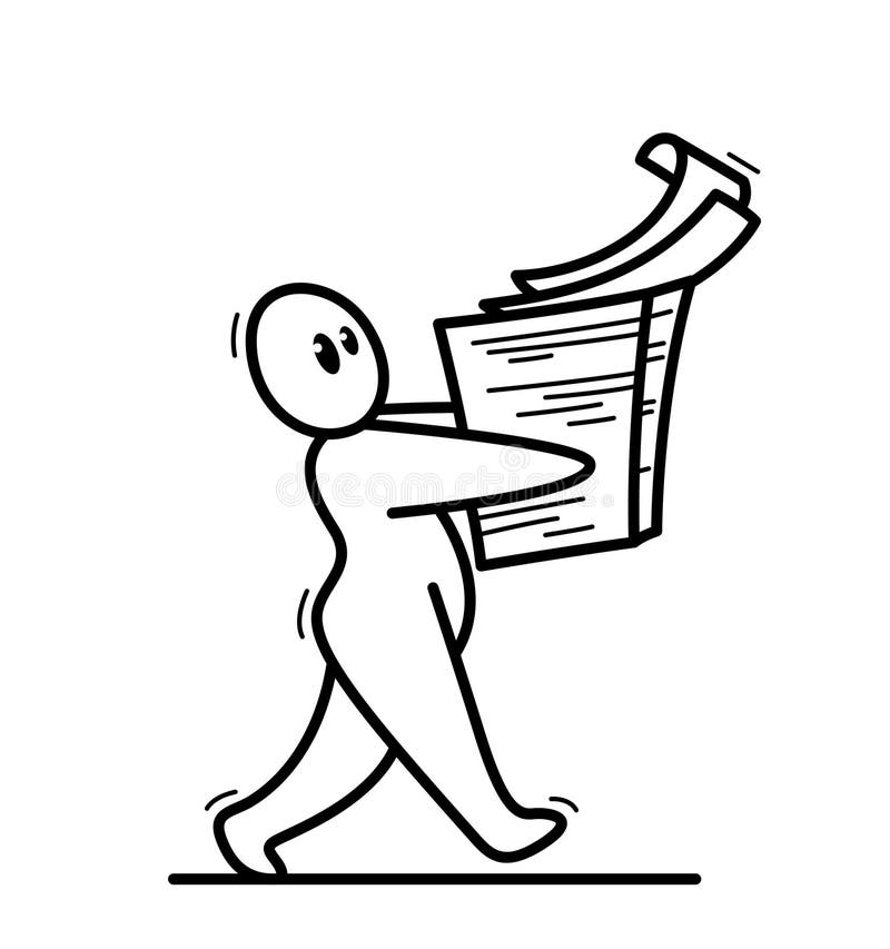 Funny Cartoon Man Carrying a Big Stack of Paper Documents for a Job ...