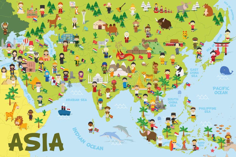 Funny Cartoon Map of Asia with Childrens of Different Nationalities ...