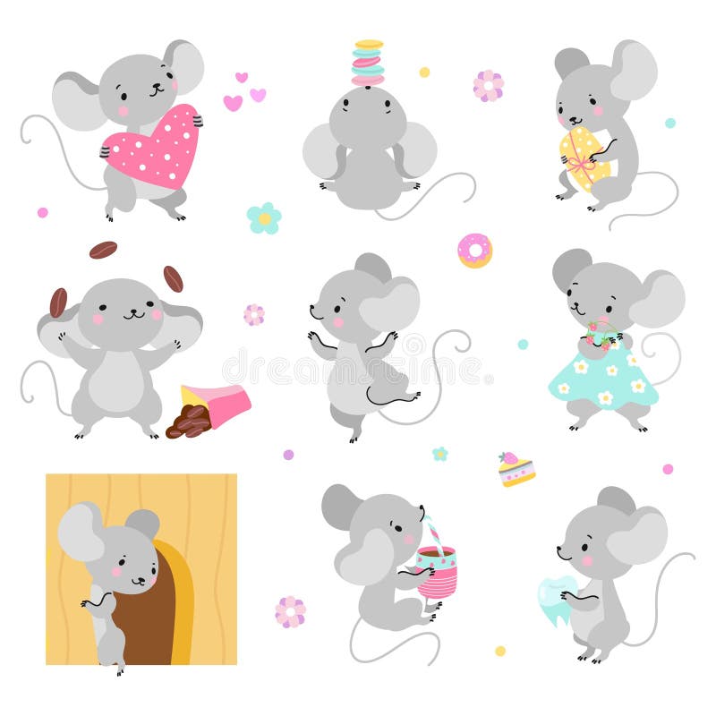 Funny Cartoon Mouse Playing and Sleeping. Mice Adorable Characters in ...