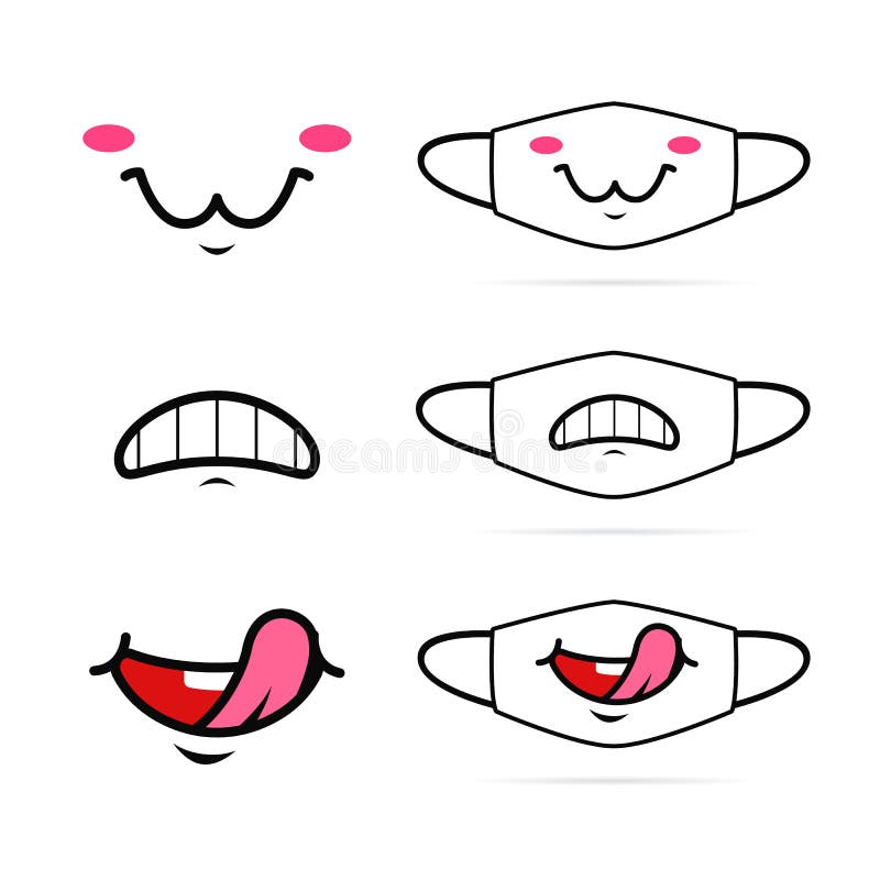 Funny Cartoon Mouth Smile Expression Face Mask Design Illustration Set ...
