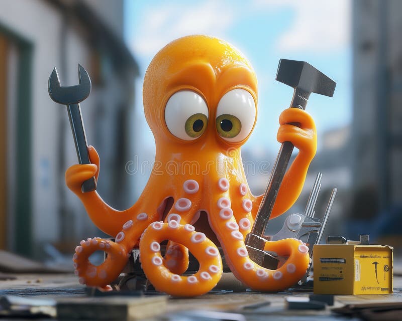 Funny Cartoon Octopus Holding Different Tools in Each Tentacle ...