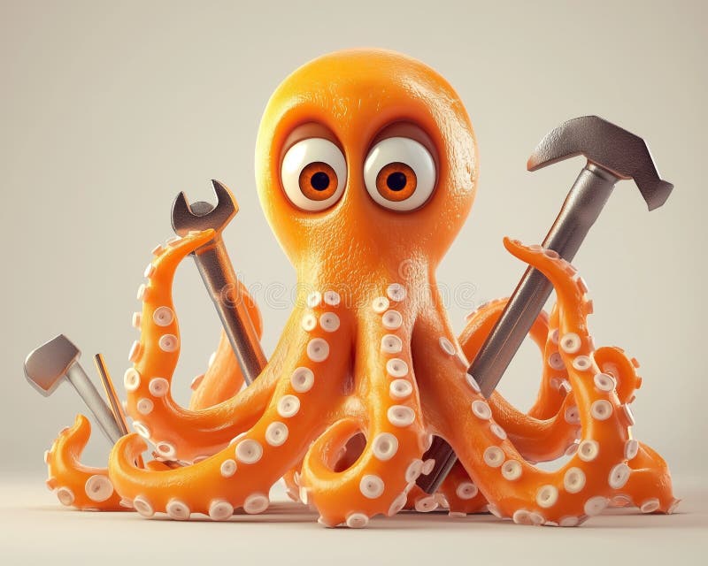 Funny Cartoon Octopus Holding Different Tools in Each Tentacle ...