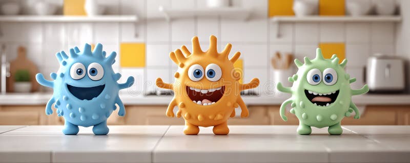 Funny Cartoon Pathogenic Microbes and Bacteria in the Kitchen. Hygiene ...
