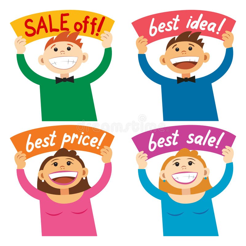 Funny Cartoon People Holding Sign Sale Off, Best Price Stock Vector ... Funny Cartoon People Holding Sign Sale Off, Best Price Stock Vector ...