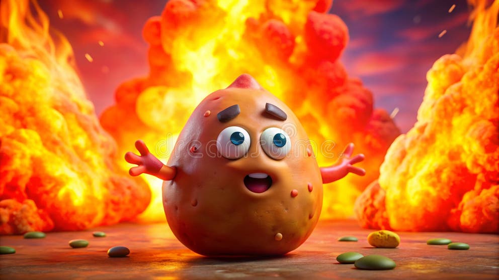 Funny Cartoon Potato Character Surprised by Explosion of Candy, 3D ...