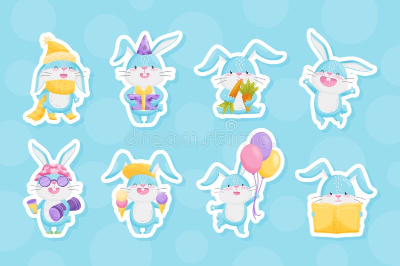 Funny Cartoon Rabbit Engaged in Different Activity Vector Sticker Set ...