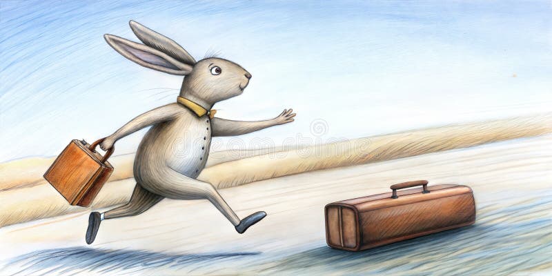 Funny Cartoon Rabbit with Suitcase Runs To Avoid Being Late Stock ...