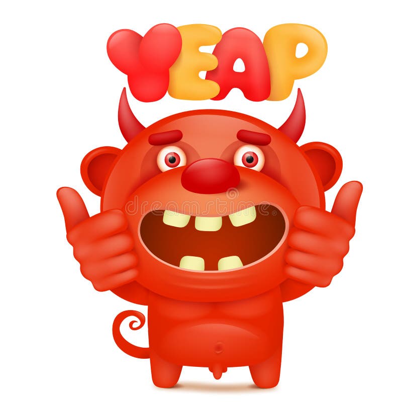 Funny Cartoon Red Little Devil Emoji Character with Hey Dude Title ...