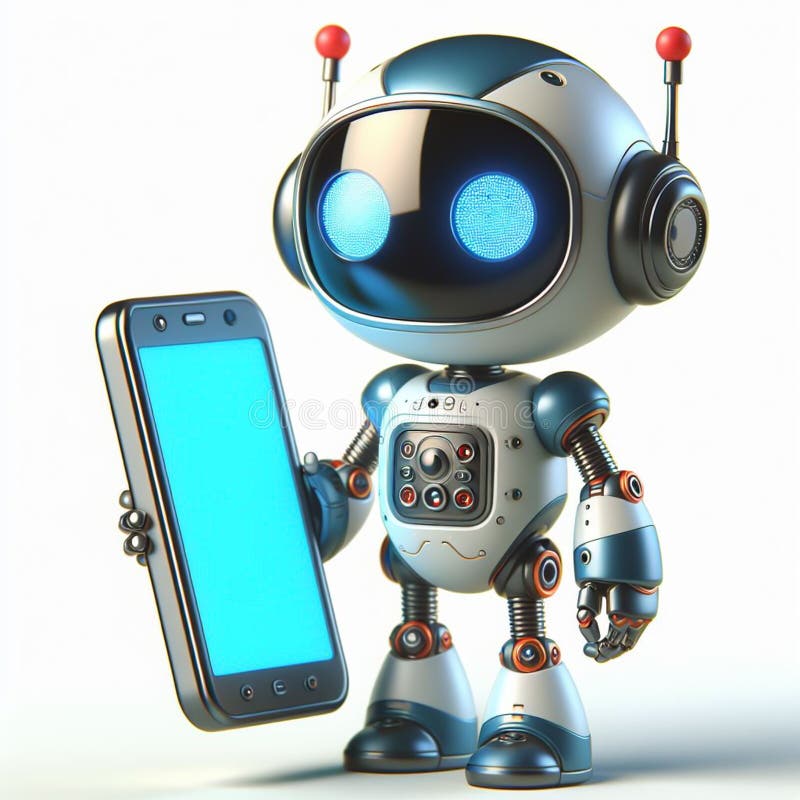 Funny Cartoon of a Robot with a Cell Phone. Digital and Technology Team ...