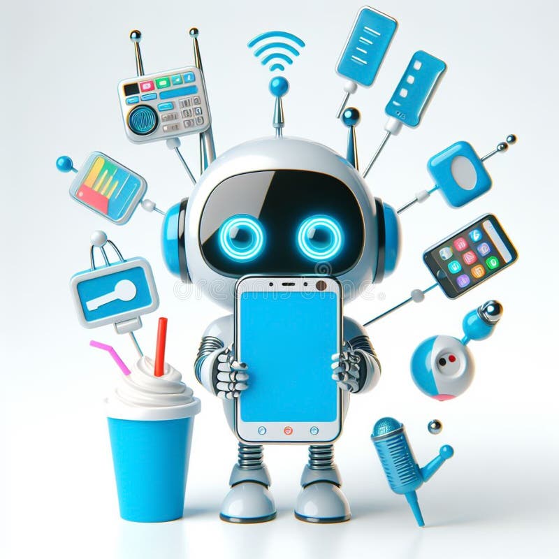 Funny Cartoon of a Robot with a Cell Phone. Digital and Technology Team ...