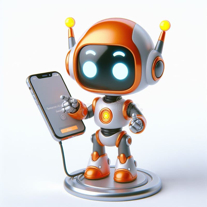 Funny Cartoon of a Robot with a Cell Phone. Digital and Technology Team ...