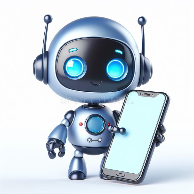 Funny Cartoon of a Robot with a Cell Phone. Digital and Technology Time ...