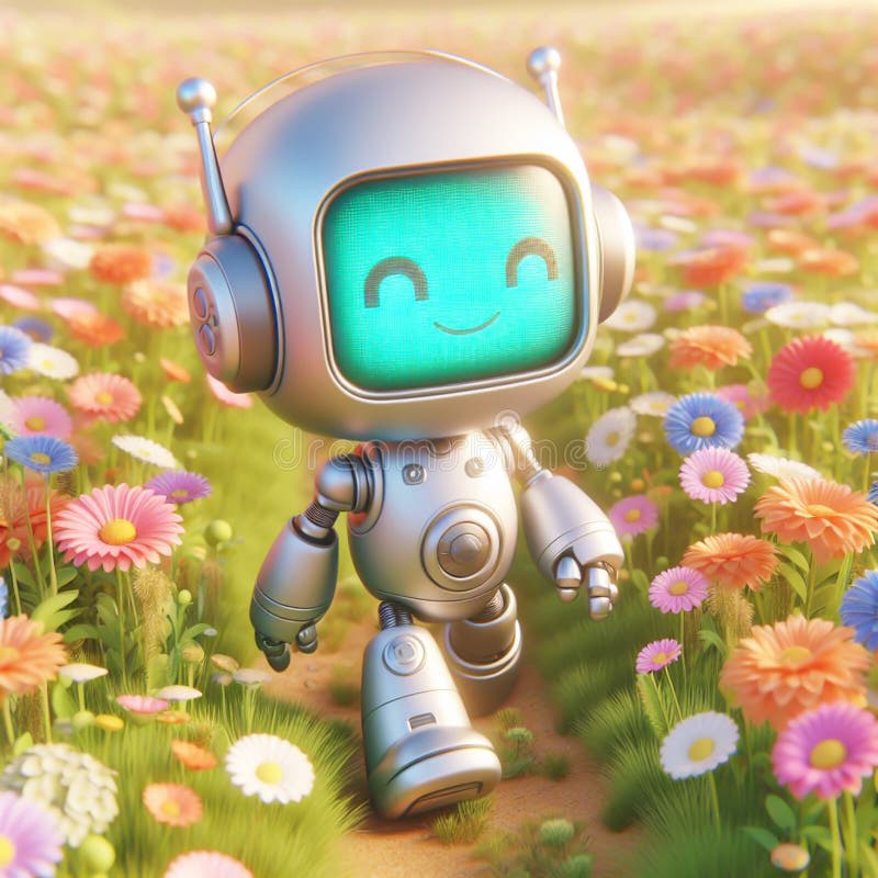 Funny Cartoon of a Robot in a Field of Flowers. Digital and Technology ...
