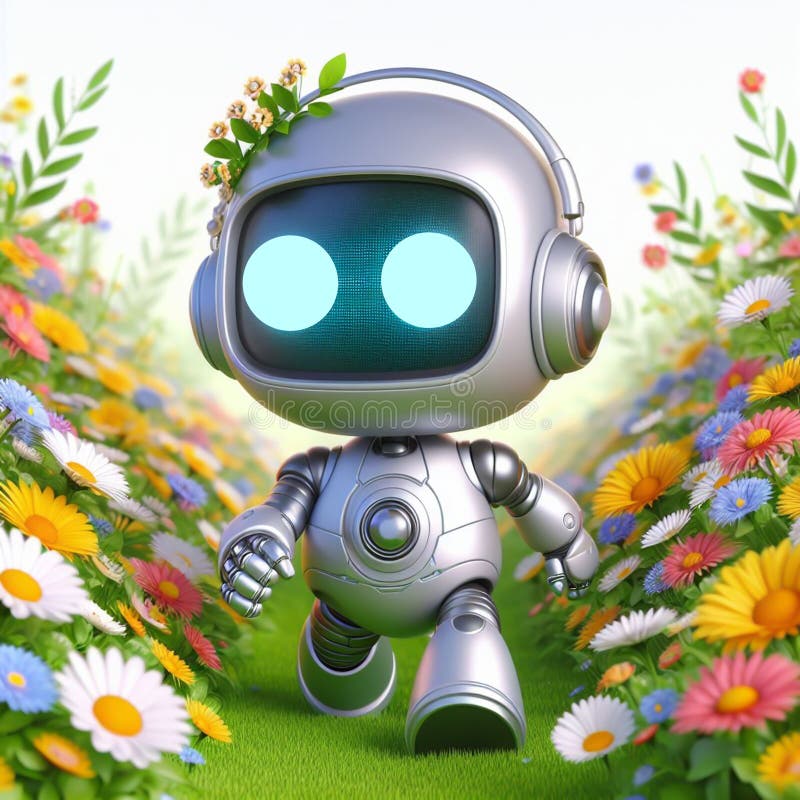 Funny Cartoon of a Robot in a Field of Flowers. Digital and Technology ...