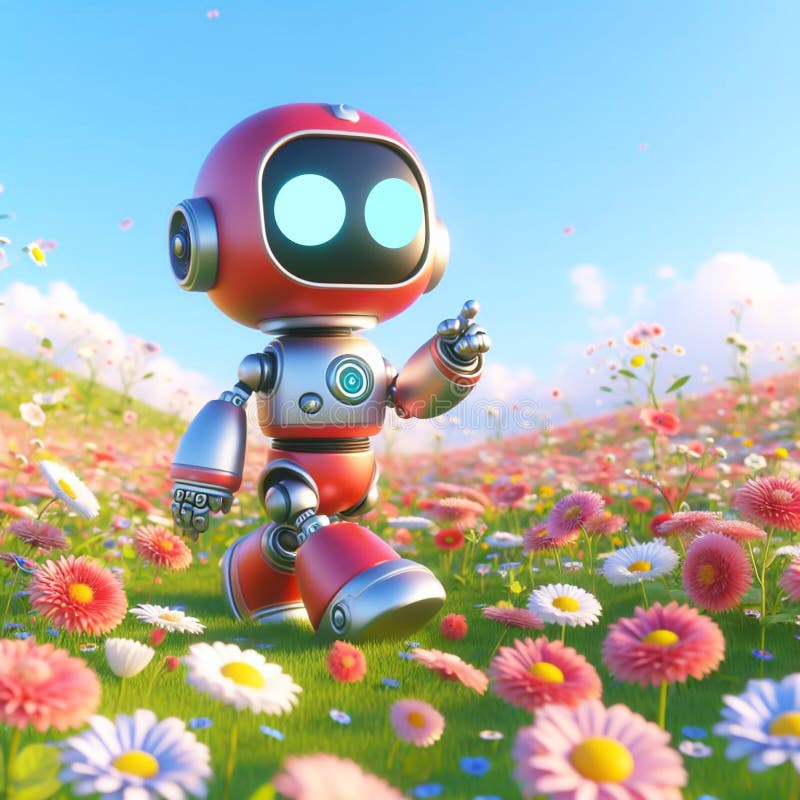 Funny Cartoon of a Robot in a Field of Flowers. Digital and Technology ...