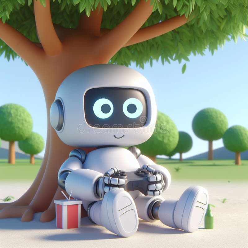 Funny Cartoon of a Robot Resting Under a Tree. Digital and Technology ...