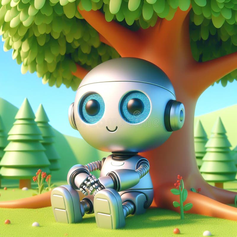 Funny Cartoon of a Robot Resting Under a Tree. Digital and Technology ...