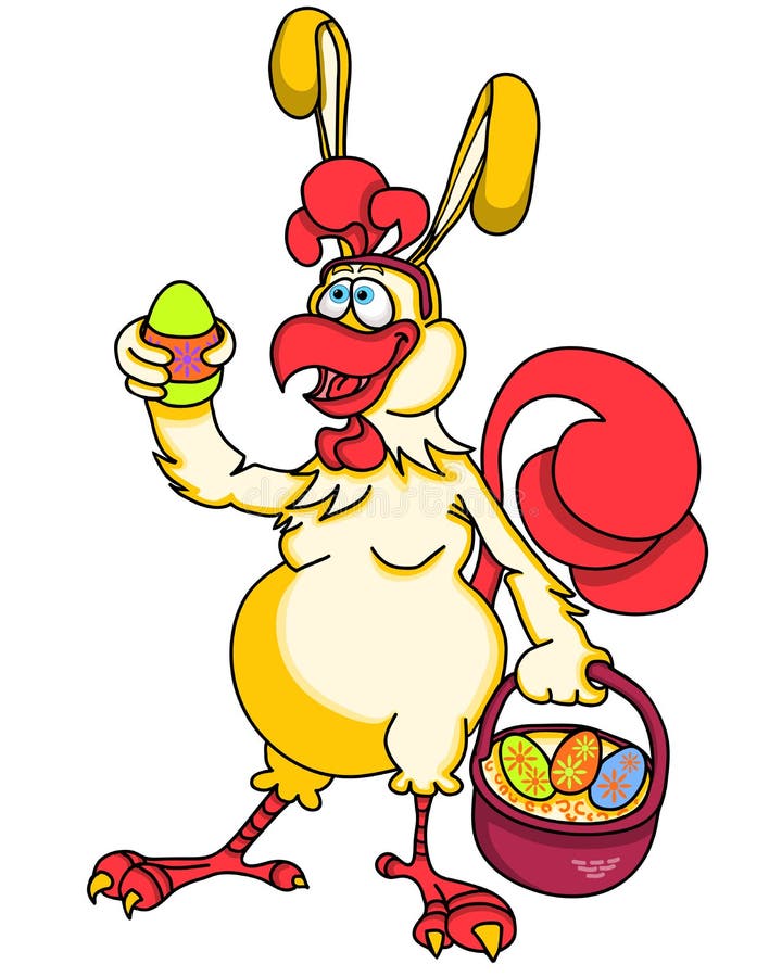 Funny Cartoon Rooster in the Form of an Easter Bunny with a Basket of ...