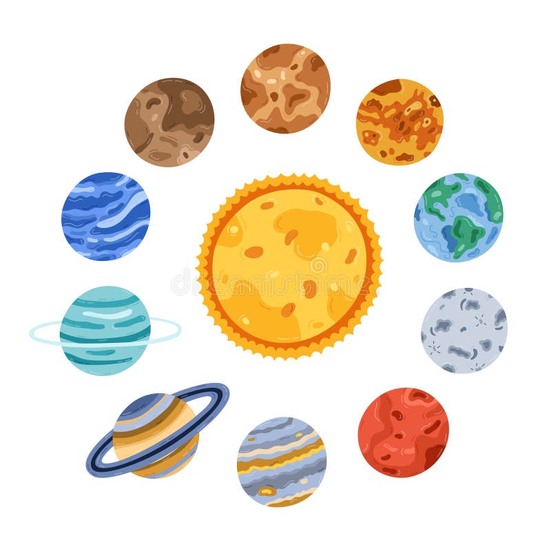 Funny Cartoon Set with Planets and Satellite of Solar System Flying ...
