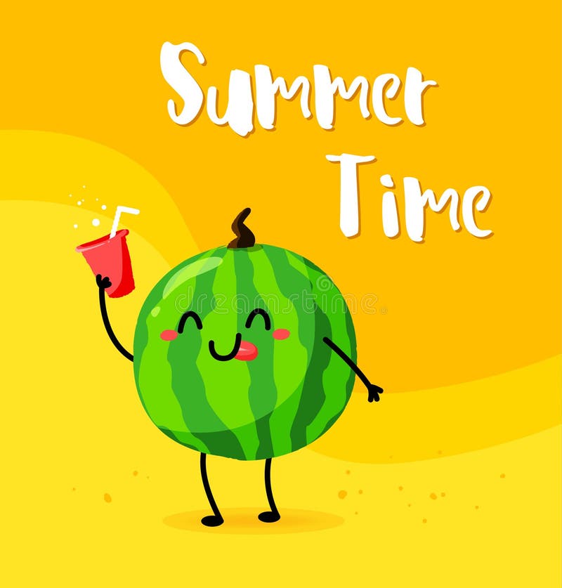 Funny Cartoon Watermelon with Lemonade on the Beach. Summer Time. Flat ...