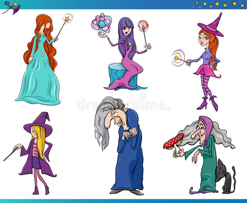 Funny Cartoon Witches Fantasy Characters Set Stock Vector ...