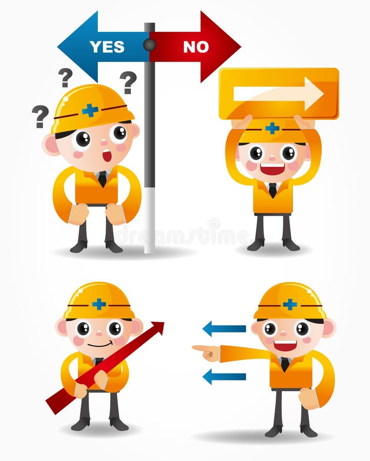 Funny Cartoon Worker Icon Set with Arrow Board Stock Vector ...