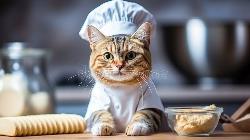 Funny Cat in Apron Cooking Homemade Pie in Defocused Kitchen, Copy ...