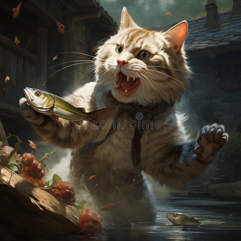 Funny Cat with a Big Fish in His Mouth. Illustration Generated Ai Stock ...