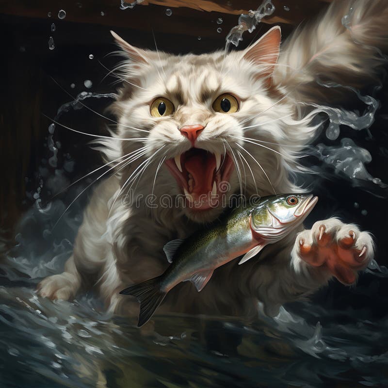 Funny Cat with a Big Fish in His Mouth. Illustration Generated Ai Stock ...