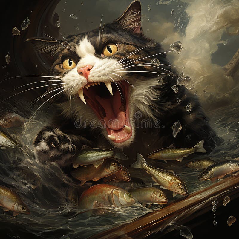 Funny Cat with a Big Fish in His Mouth. Illustration Generated Ai Stock ...