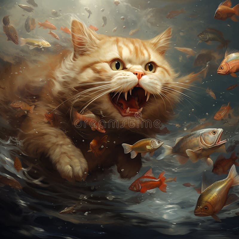 Funny Cat with a Big Fish in His Mouth. Illustration Generated Ai Stock ...