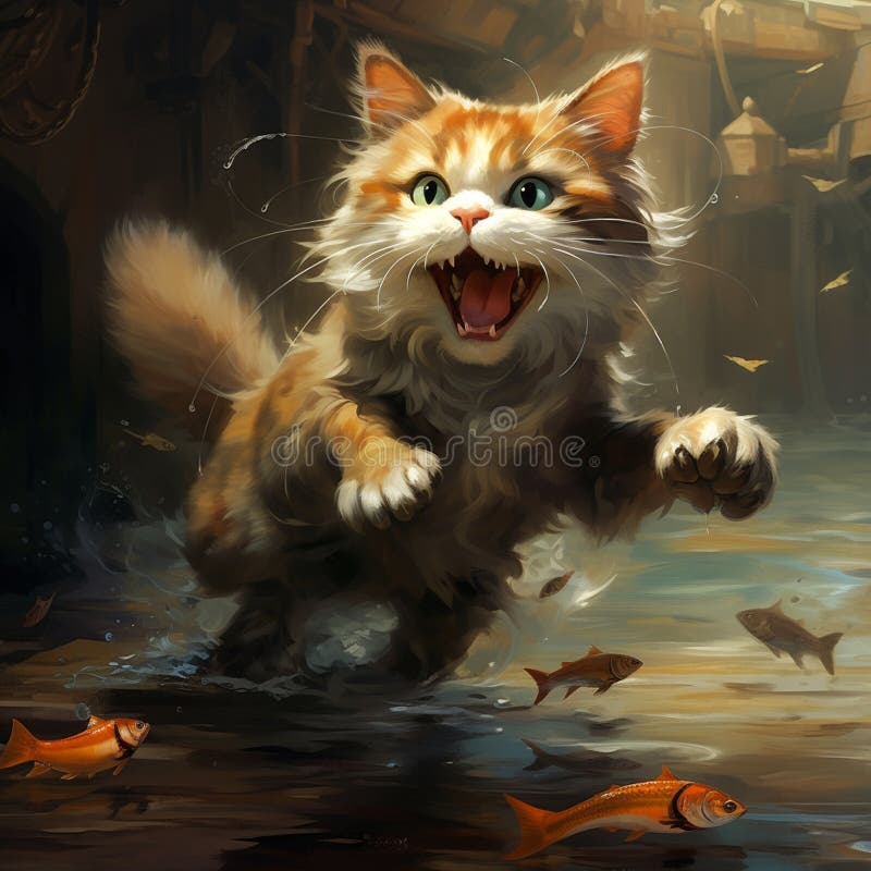 Funny Cat with a Big Fish in His Mouth. Illustration Generated Ai Stock ...