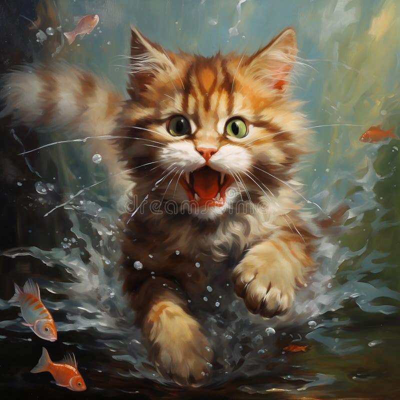 Funny Cat with a Big Fish in His Mouth. Illustration Generated Ai Stock ...