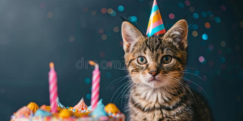Funny Cat in a Birthday Hat with a Birthday Cake Stock Image - Image of ...
