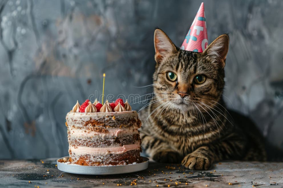 Funny Cat in a Birthday Hat with a Birthday Cake Stock Photo - Image of ...