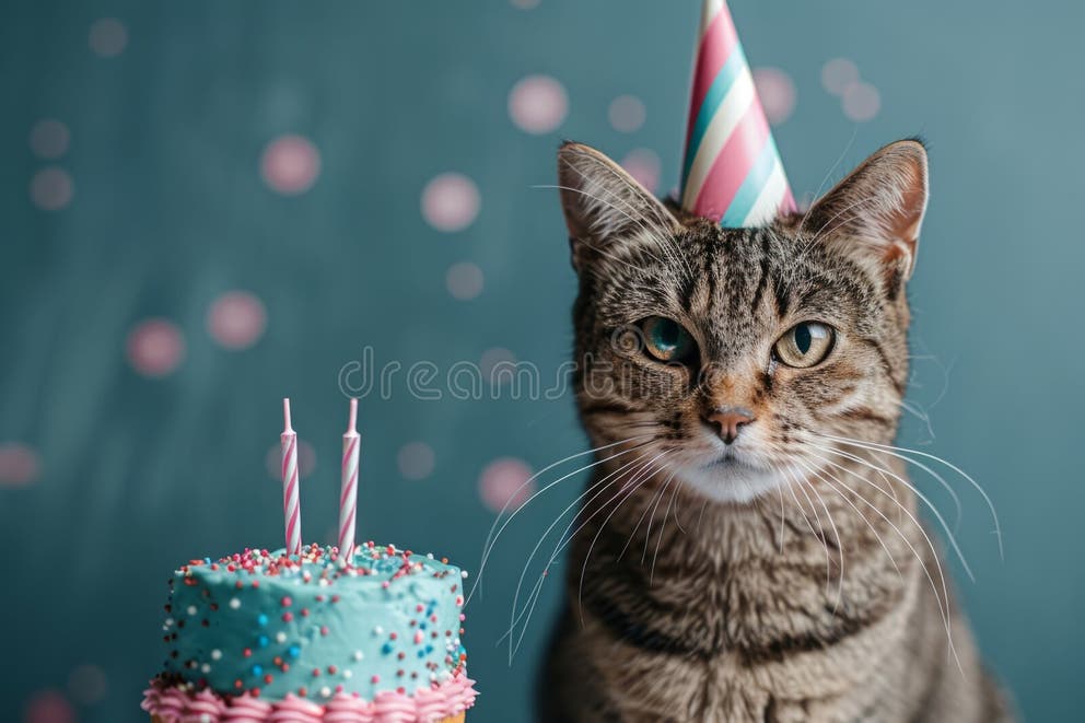Funny Cat in a Birthday Hat with a Birthday Cake Stock Image - Image of ...