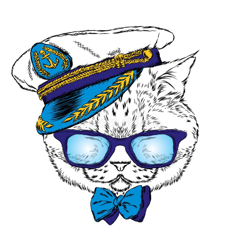 Funny Cat in the Captain`s Cap. Vector Illustration. Stock Vector ...