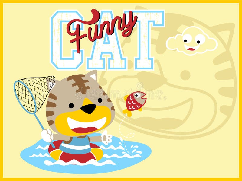 Funny Cat Cartoon Vector with Fishing Net Stock Vector - Illustration ...