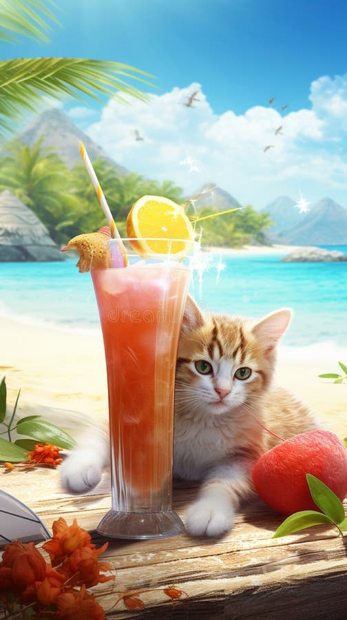 Funny Cat with Cocktail on the Beach. Summer Vacation Concept Stock ...